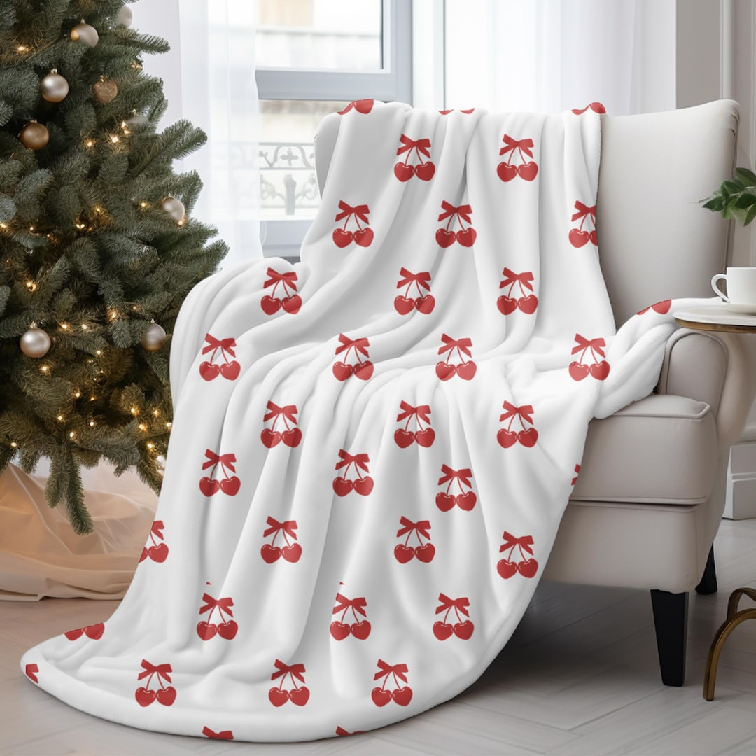 Cherry Blanket Plush Velveteen Throw Blanket Red Bow Blanket Cozy Couch ...
