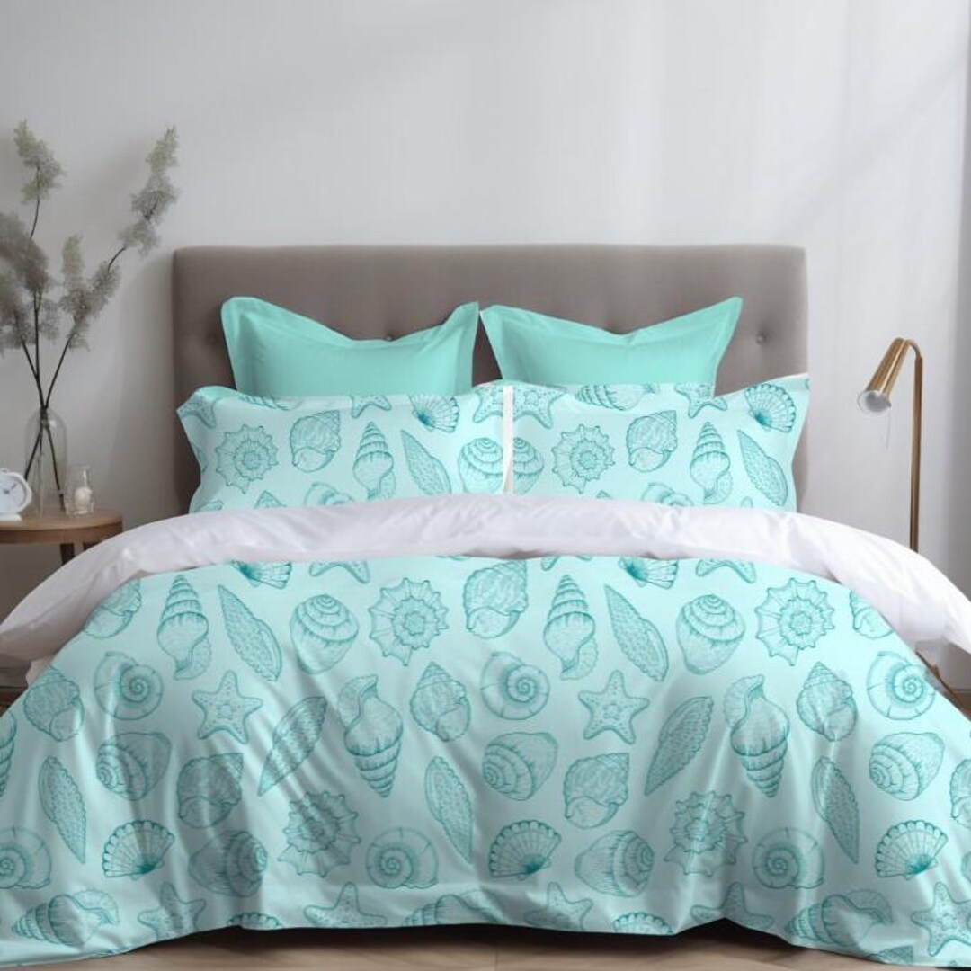 Duvet Cover Coastal Blue Duvet With Seashells for Beach House Decor ...