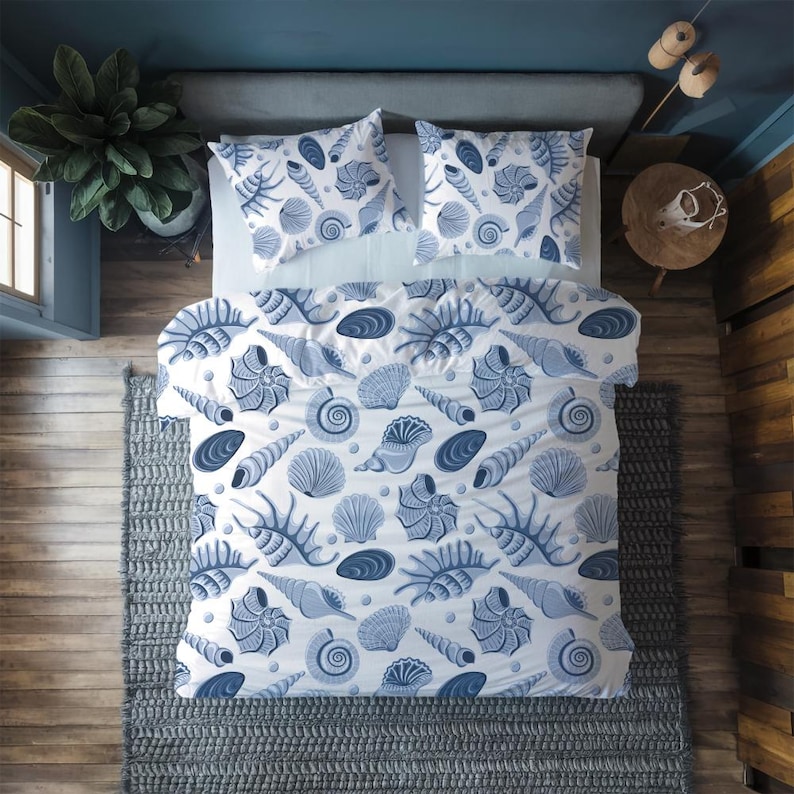 Blue Seashell Bedding Beach Theme Coastal Bedroom Nautical Decor Ocean ...