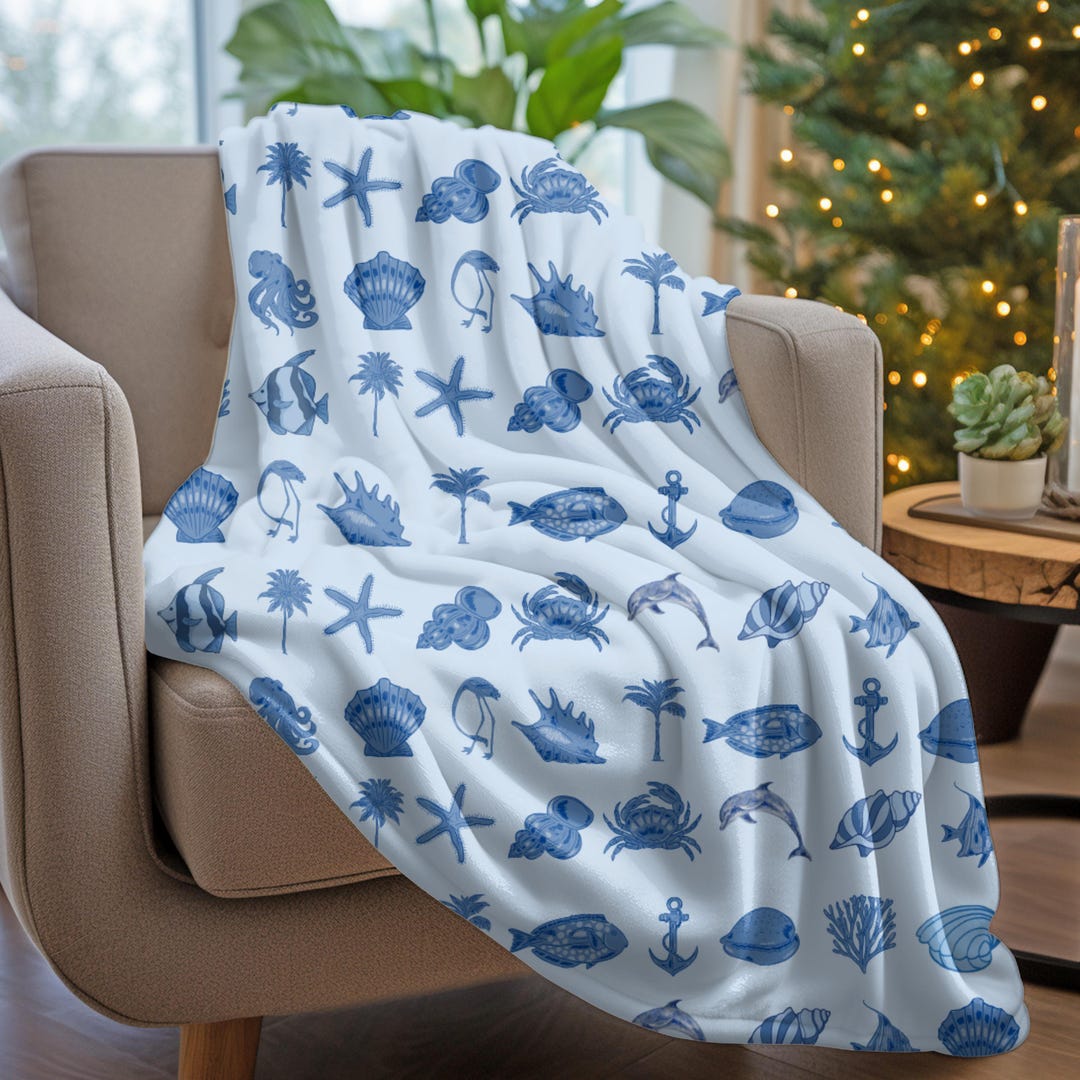Nautical Blanket Ocean Marine Life Throw Coastal Soft Velveteen Blanket ...