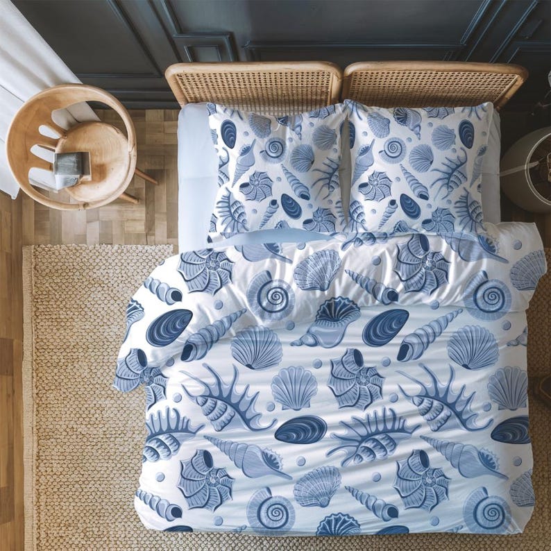 Blue Seashell Bedding Beach Theme Coastal Bedroom Nautical Decor Ocean ...