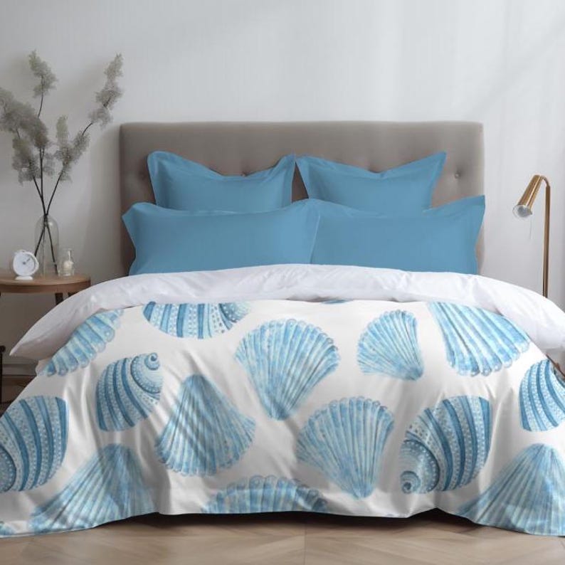 Coastal Seashell Duvet Cover Beach Themed Bedding Ocean Blue Shell ...