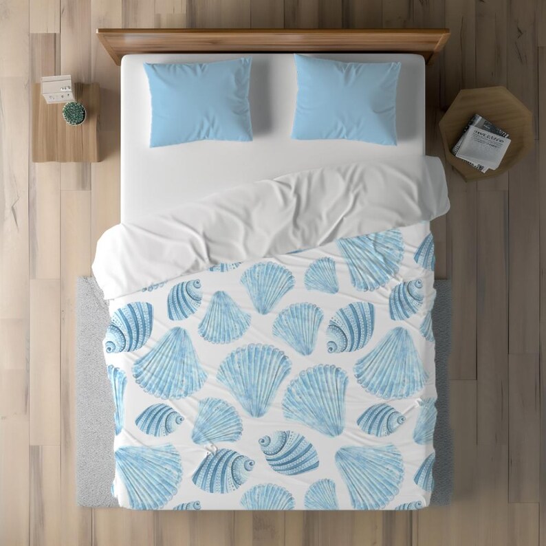 Coastal Seashell Duvet Cover: Ocean Blue Watercolor Beach Bedding - Etsy