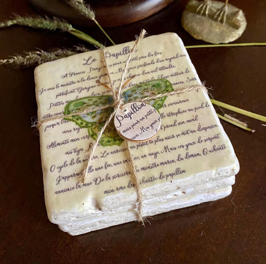 Le Papillon, Butterfly Script Stone Drink Coasters - Set of 4 - Etsy