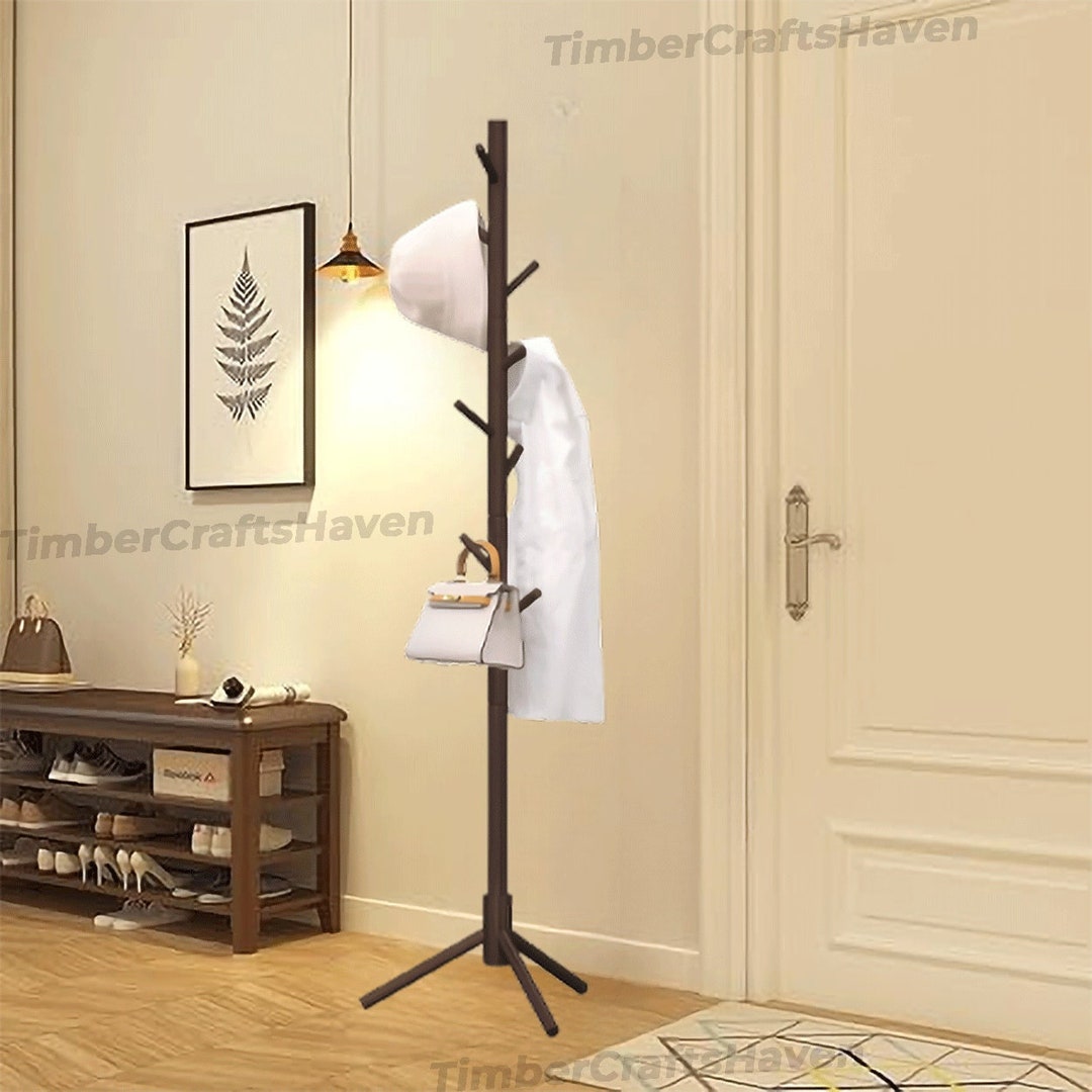 Handmade Wooden Standing Coat Rack With 8 Hooks Modern Coat Rack Hat ...