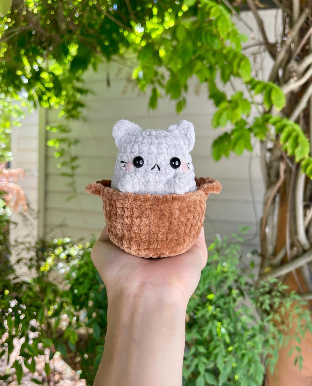 Crochet Cat in Basket Plush, Crochet Cat Plushie, Tabby Cat Plush, Gray ...