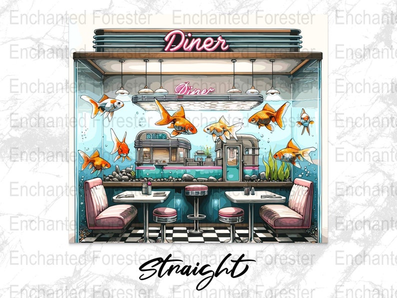 Retro Fish Diner Digital Art Print, Whimsical Aquarium Cafe Wall Art ...