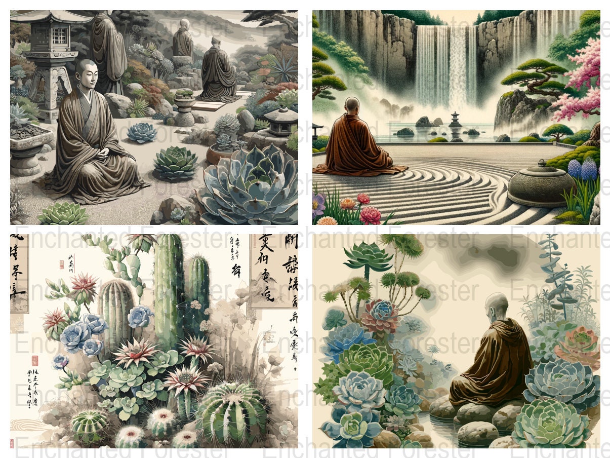 Zen Cactus Print, Asian Garden Clipart, Meditation, Mindfulness ...