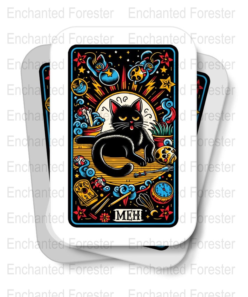 Funny Tarot Card, Printable Tarot, Black Cat Tarot, Meh, Funny ...