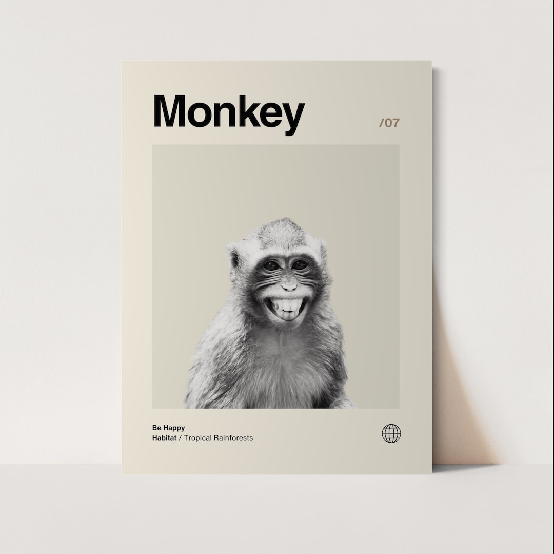 Monkey Poster, Minimalist, Helvetica, Mid-century Modern, Monkey Print ...