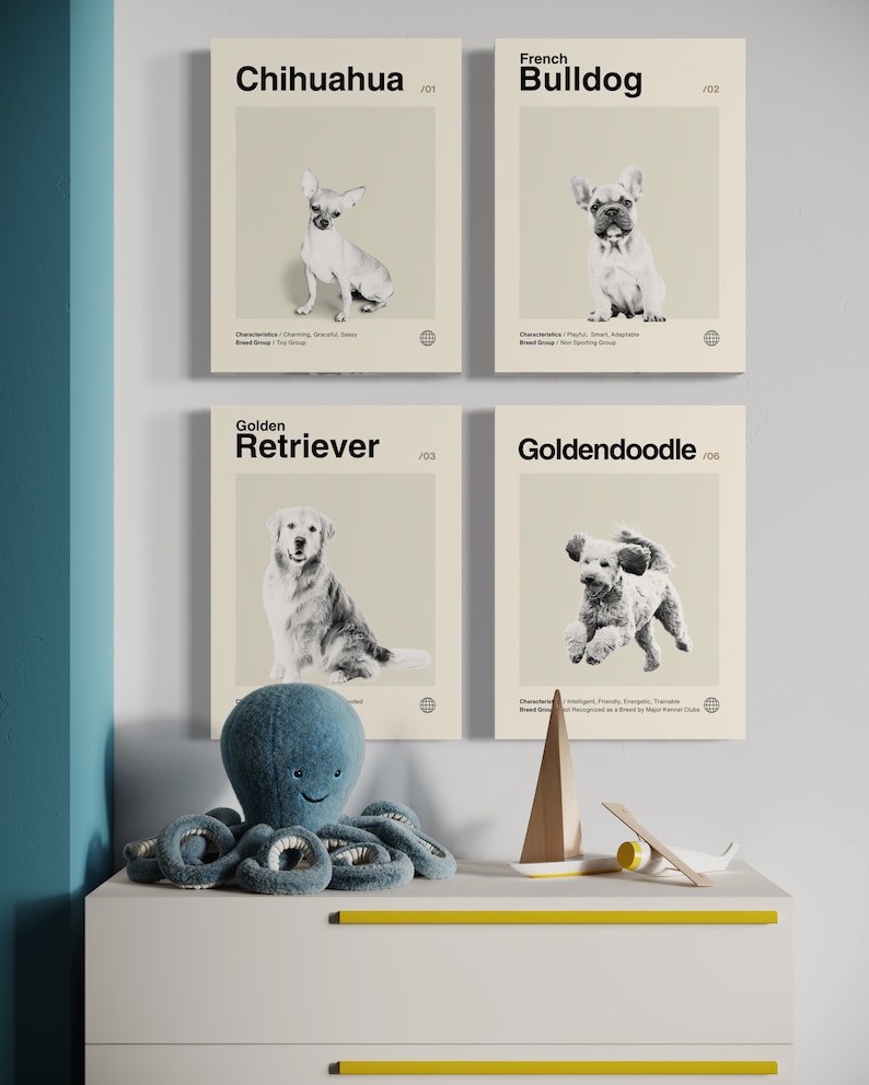 Dog Bundle Poster, Multiple Dog Wall Art, Minimalist, Helvetica, Mid ...