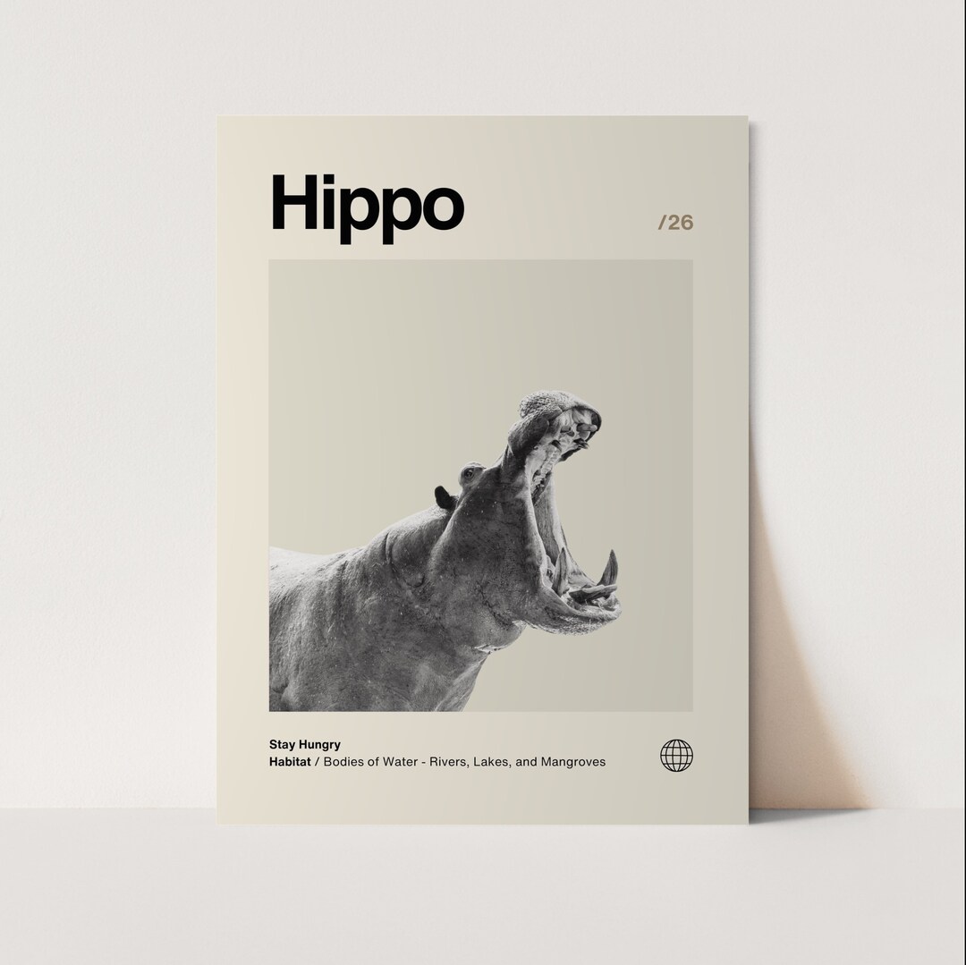Hippo Poster, Minimalist, Helvetica, Mid-century Modern, Hippo Print ...