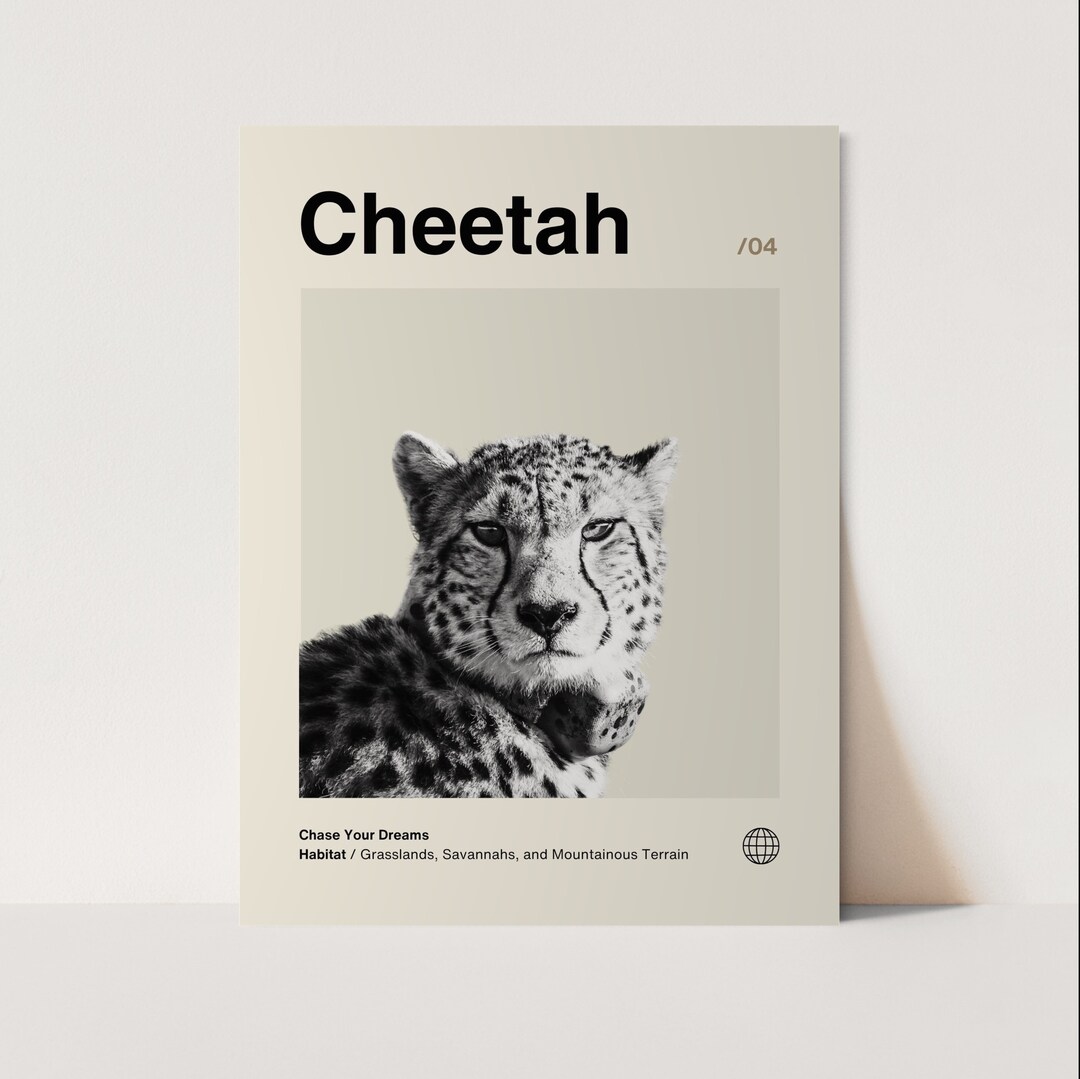 Cheetah Poster, Minimalist, Helvetica, Mid-century Modern, Cheetah ...