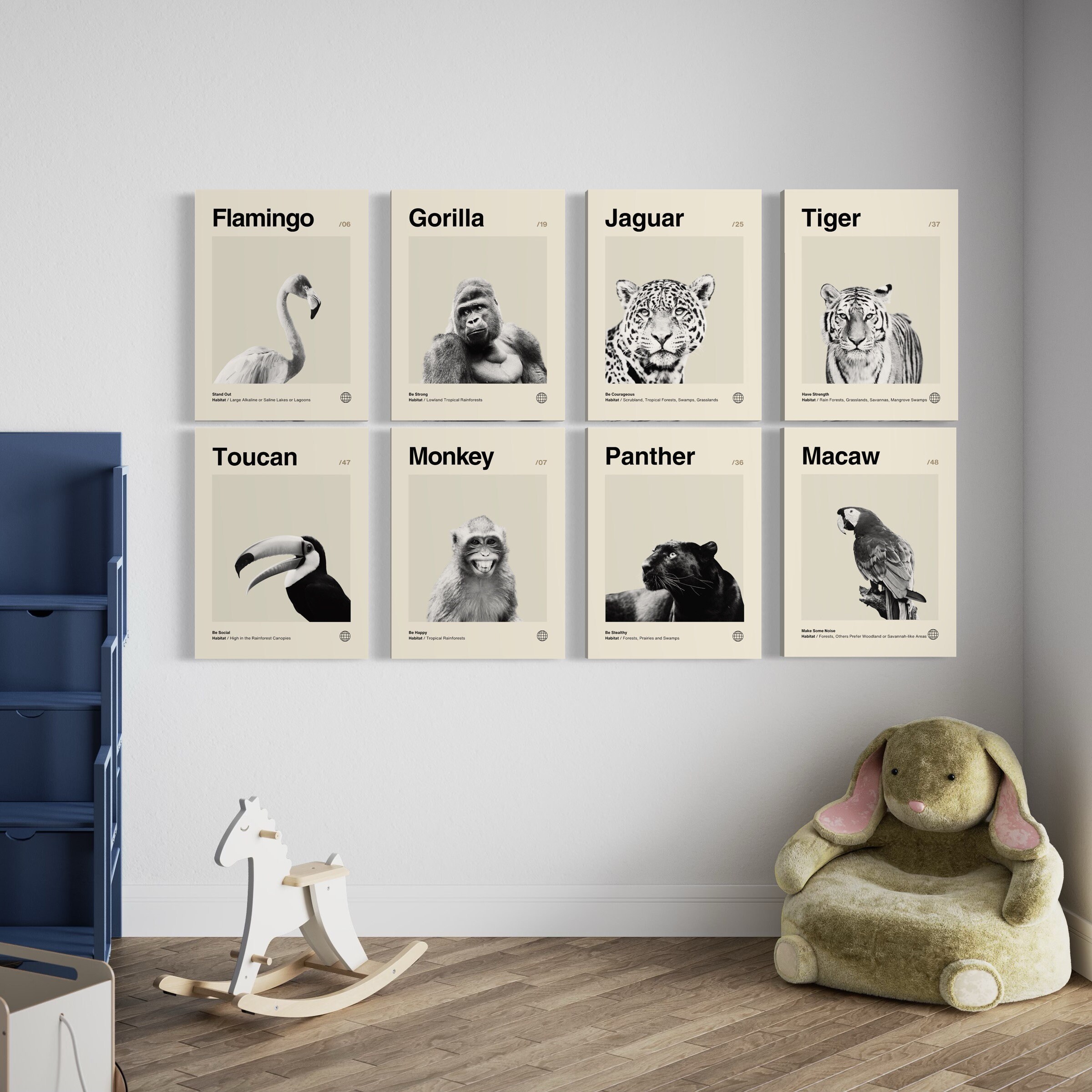 Jungle Animals Bundle Posters, Minimalist, Helvetica, Mid-century ...