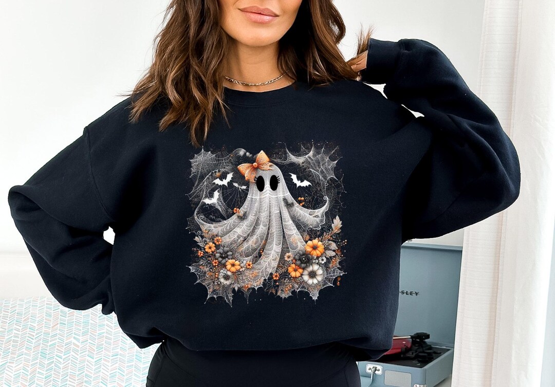 Cute Halloween Ghost Sweatshirt, Pumpkin and Spiderweb Sweater, Cozy ...
