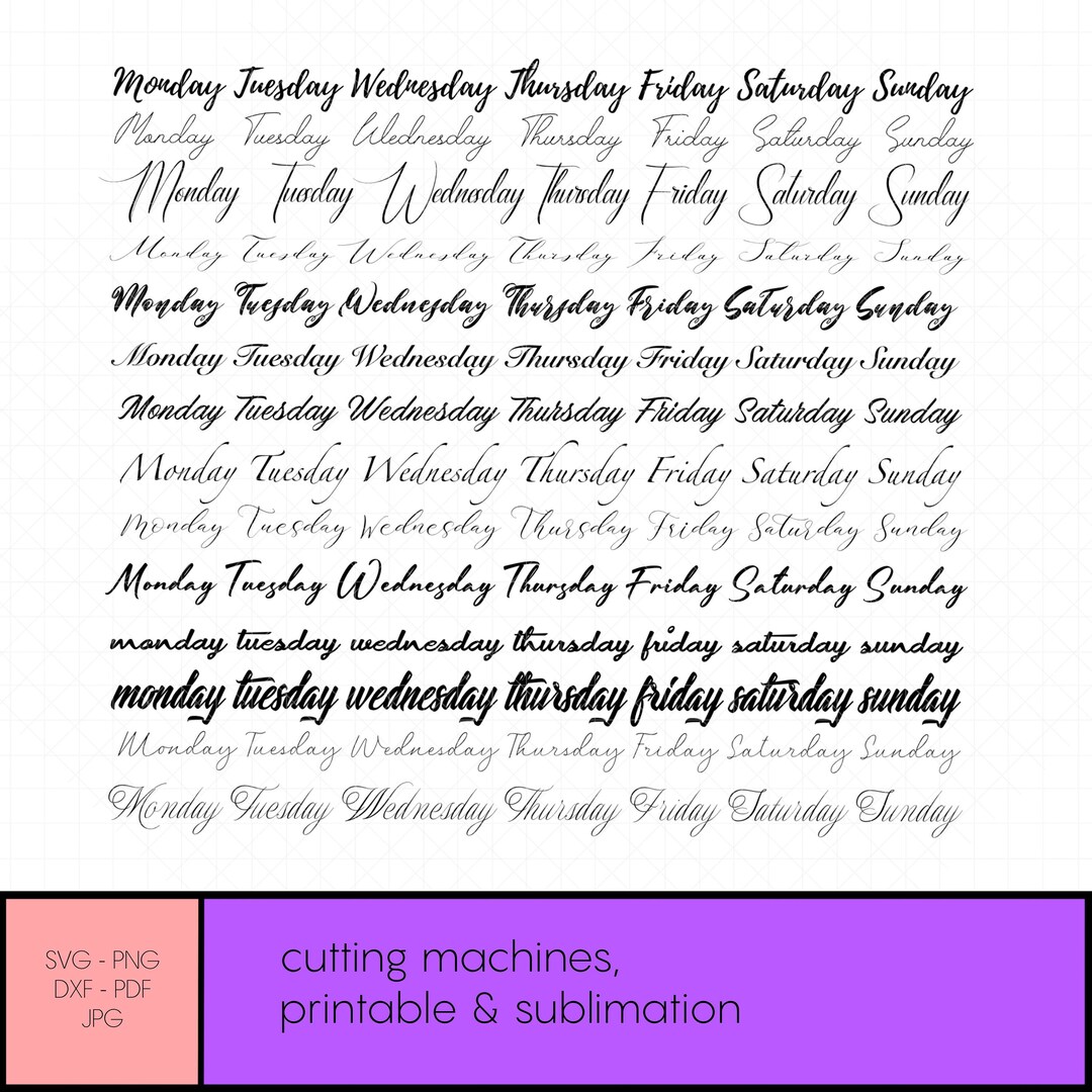 Days of the Week Text Design Set - Svg, Png, Dxf, Pdf, Jpg - Planner ...