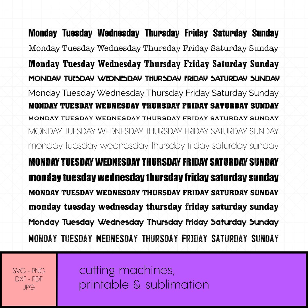 Days of the Week Text Design Set - Svg, Png, Dxf, Pdf, Jpg - Planner ...