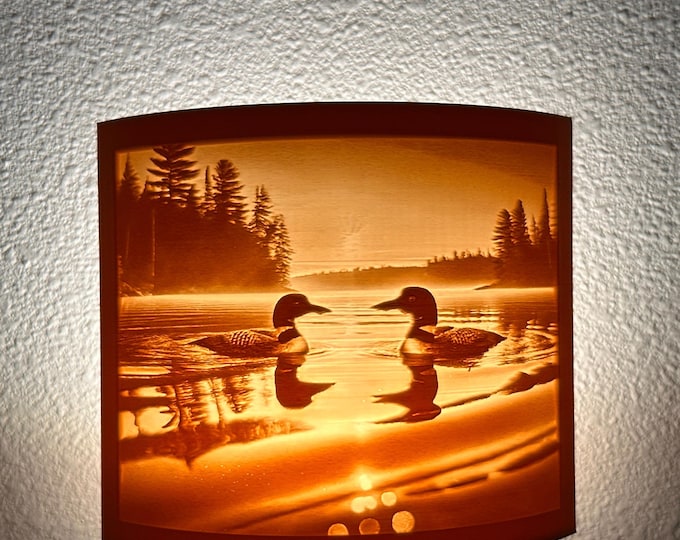 Loon Bird Stained Glass Night Light on Pond With Cattail Plant. - Etsy