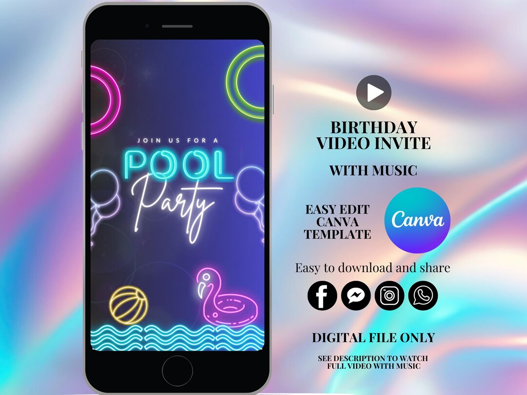 Neon Pool Party Birthday Video Invite (canva Template) - Etsy
