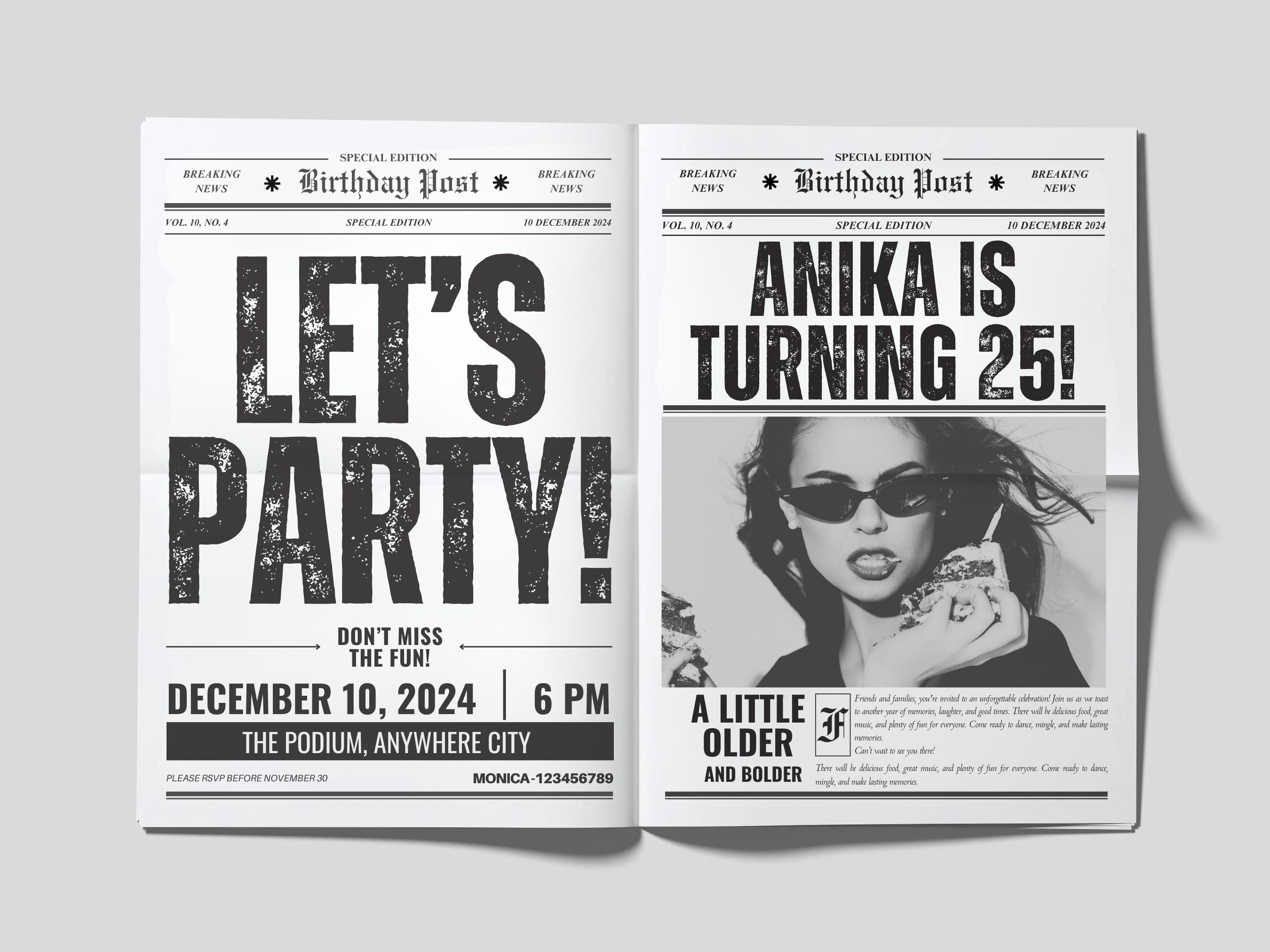 Editable Birthday Newspaper Invitation Canva Template Newspaper ...