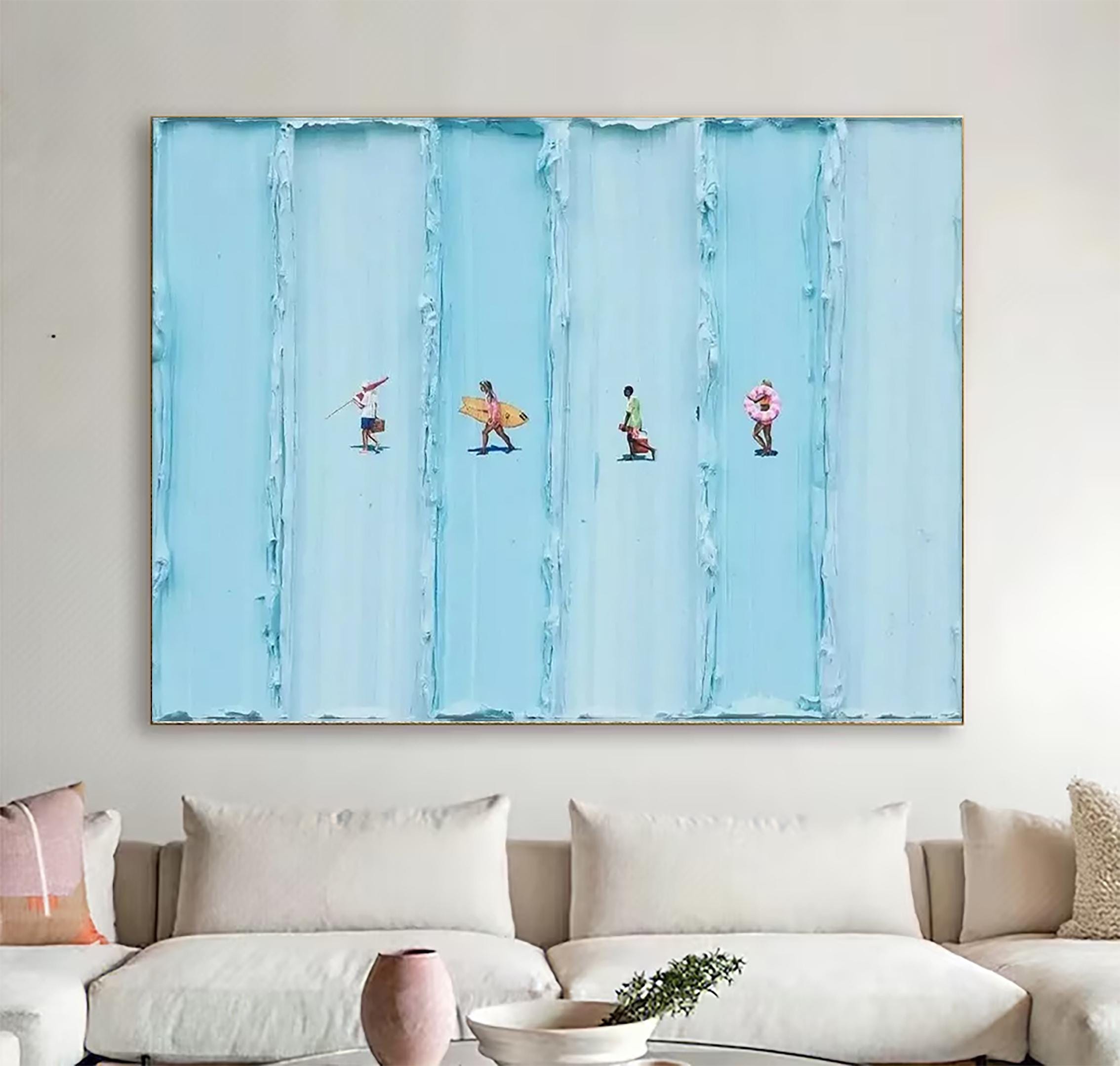 Abstract Beach Art Textured Blue Wall Art Beach Figures Impasto Ocean ...
