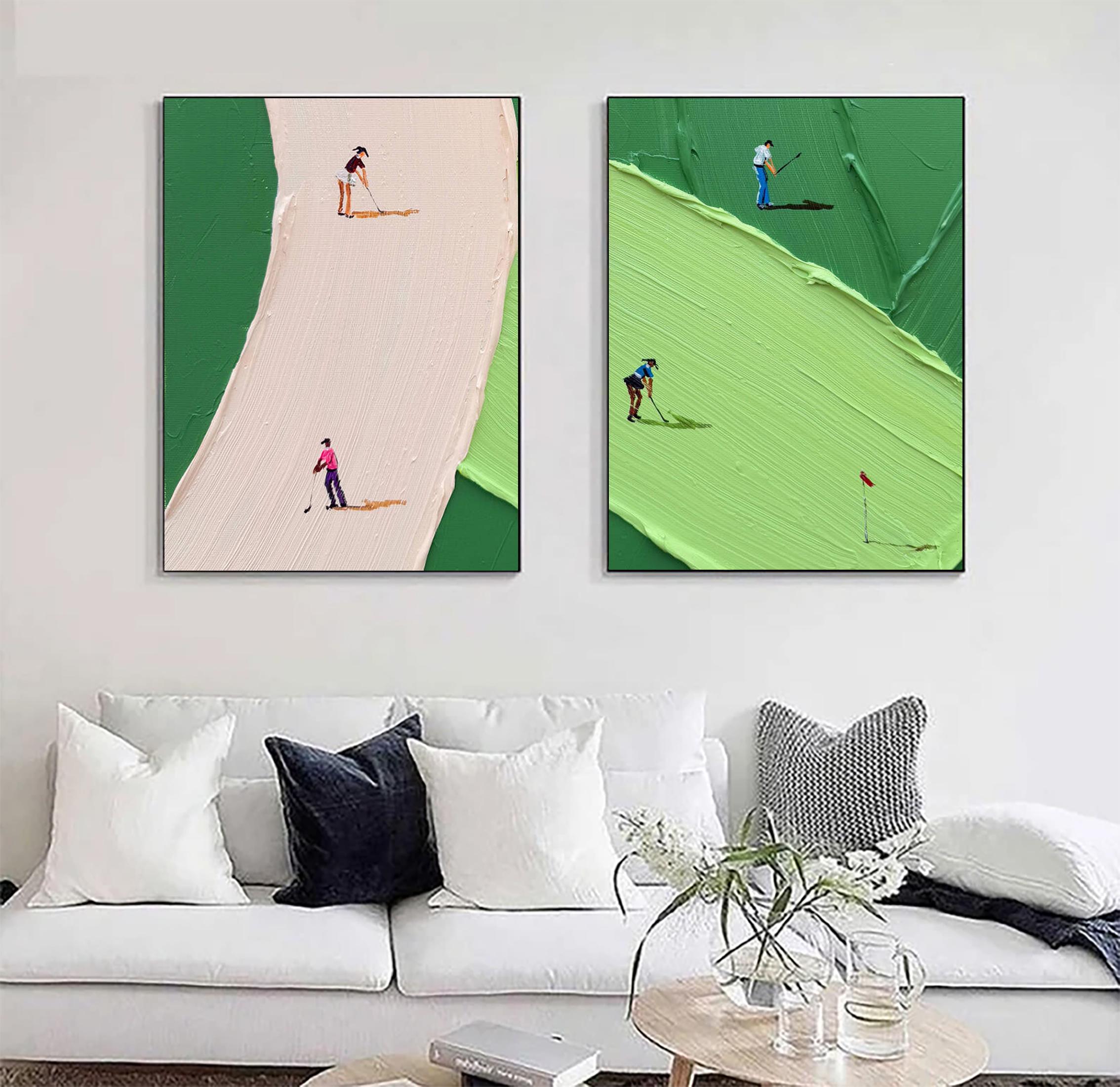 Set of 2 Textured Green Golf Art 3D Palette Knife Painting Contemporary ...