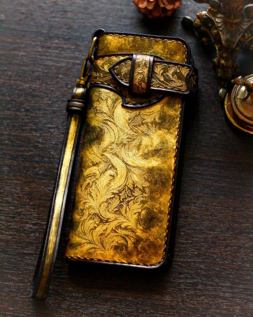 Luxury Leather Long Wallet Vintage Gold: Handmade Antique Bi Fold ...