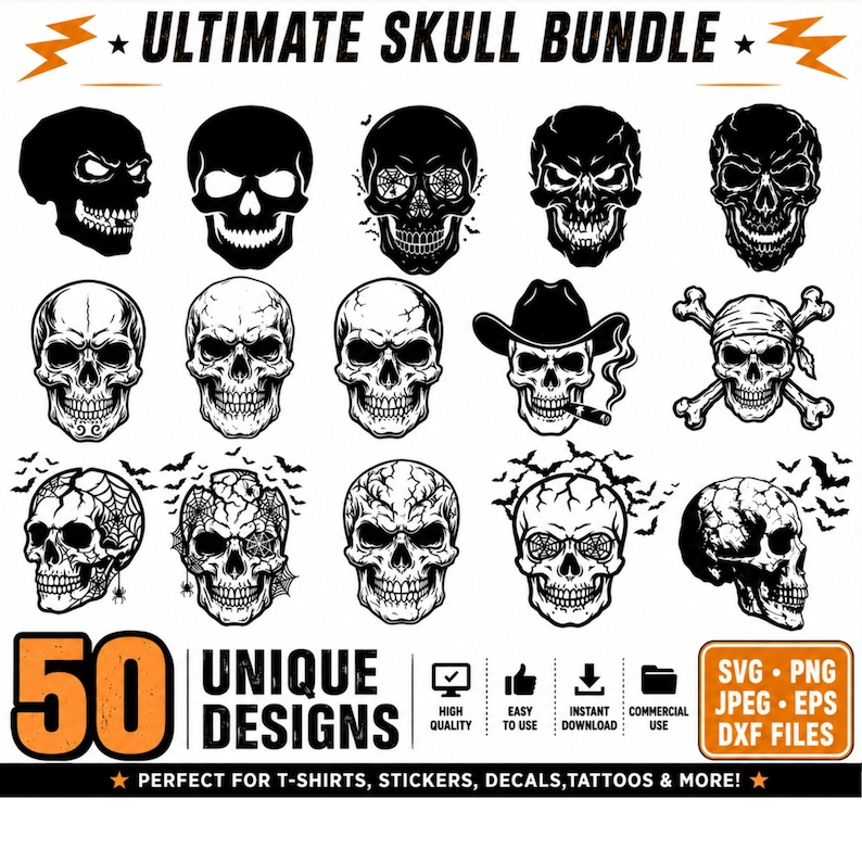 50 Unique Skull SVG PNG Bundle, Gothic Tattoo Clipart (instant Download ...