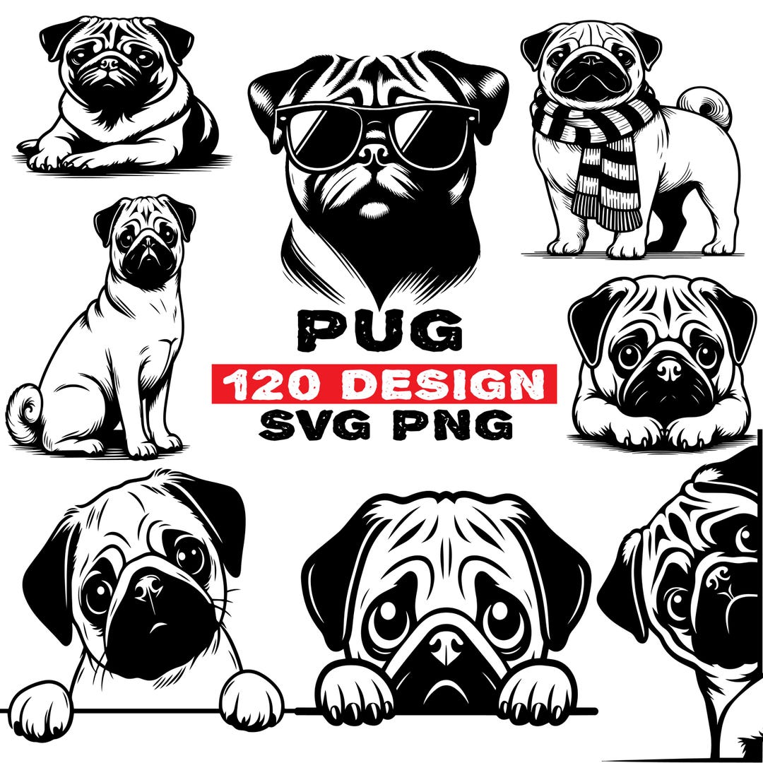 Pug Dog SVG Bundle | 120 Cute Pug Designs, Pug Svg Files, Pug Face ...