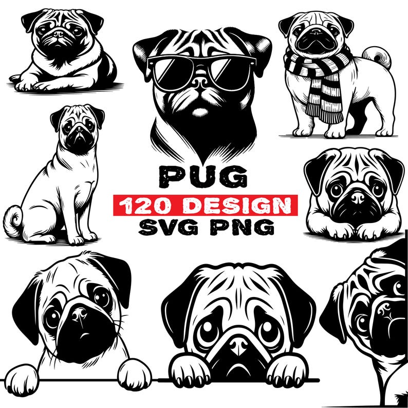 Pug Dog SVG Bundle | 120 Cute Pug Designs, Pug Svg Files, Pug Face ...