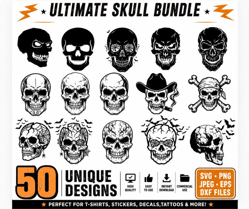 50 Unique Skull SVG PNG Bundle, Gothic Tattoo Clipart (instant Download ...