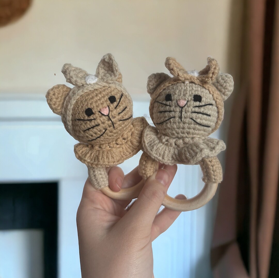Personalized Crochet Cat Rattle, Wooden Baby Rattle, Handmade Baby Toy ...
