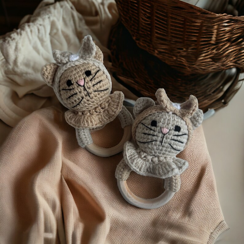 Personalized Crochet Cat Rattle, Wooden Baby Rattle, Handmade Baby Toy ...
