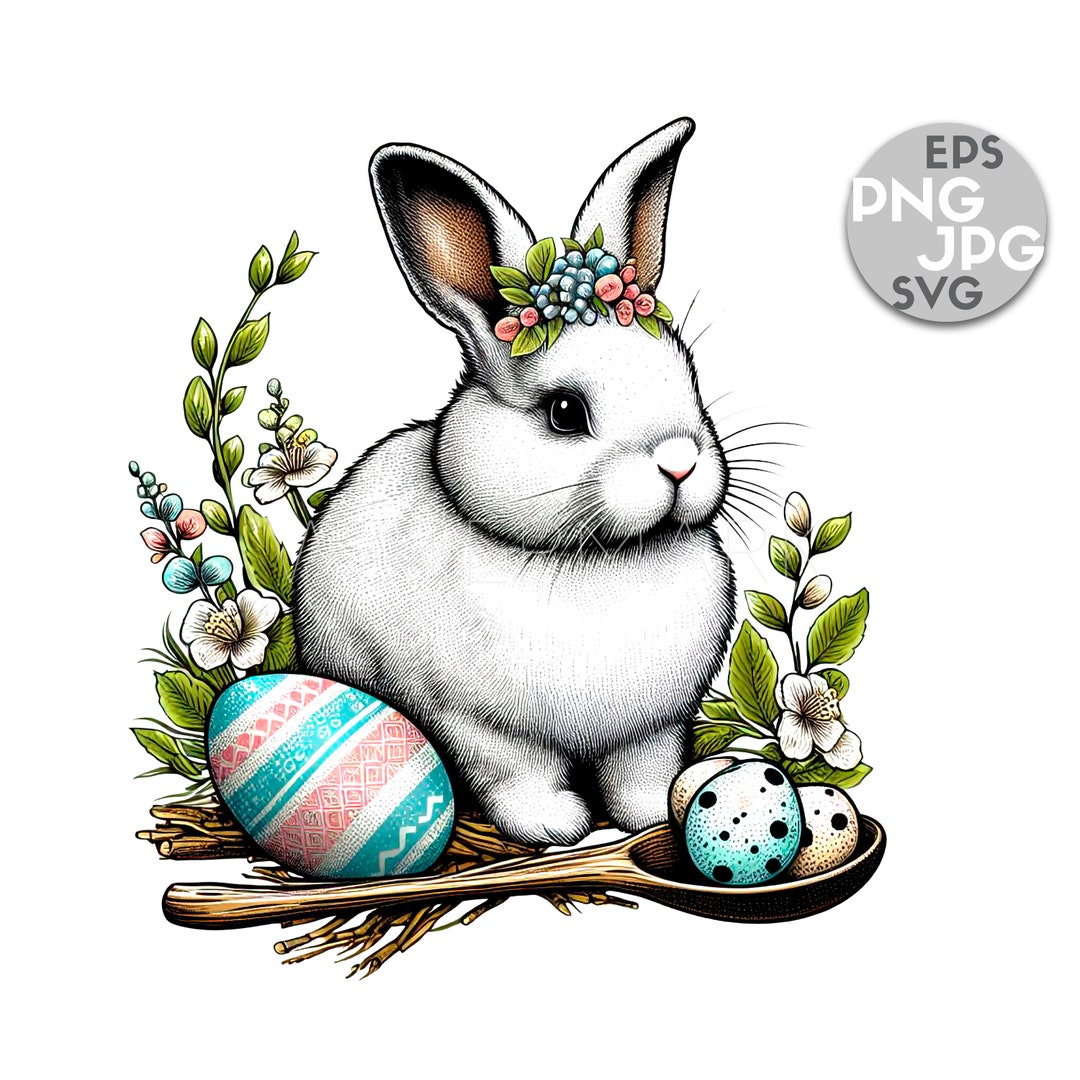 Cute White Rabbit Easter Clipart, Bunny With Easter Eggs, Spring Bunny ...