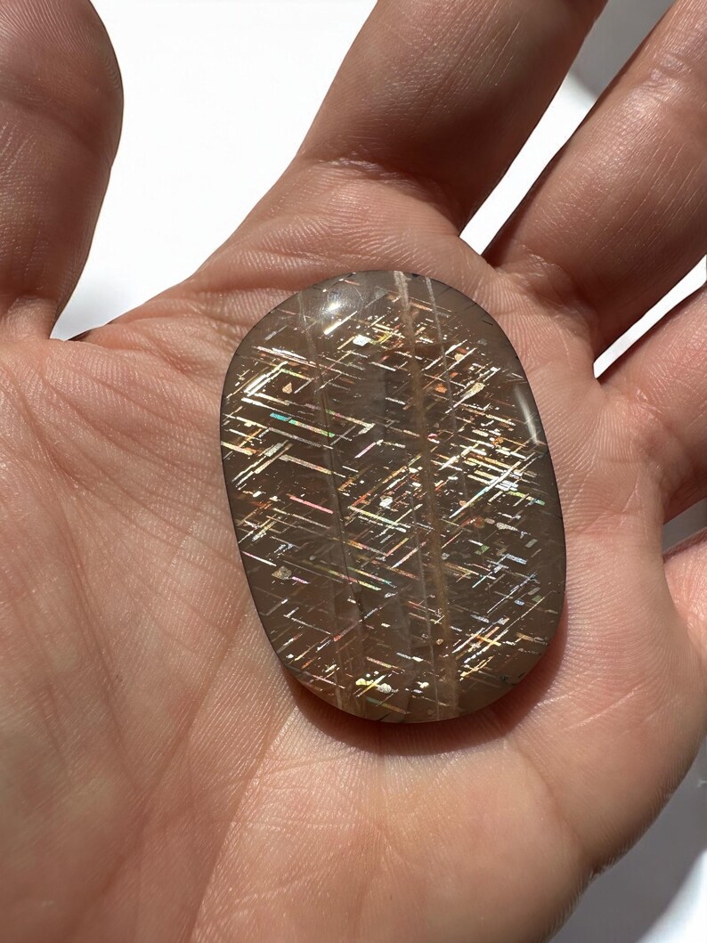 Rainbow Lattice Sunstone Palm Stone – Rare Collector Crystal With ...