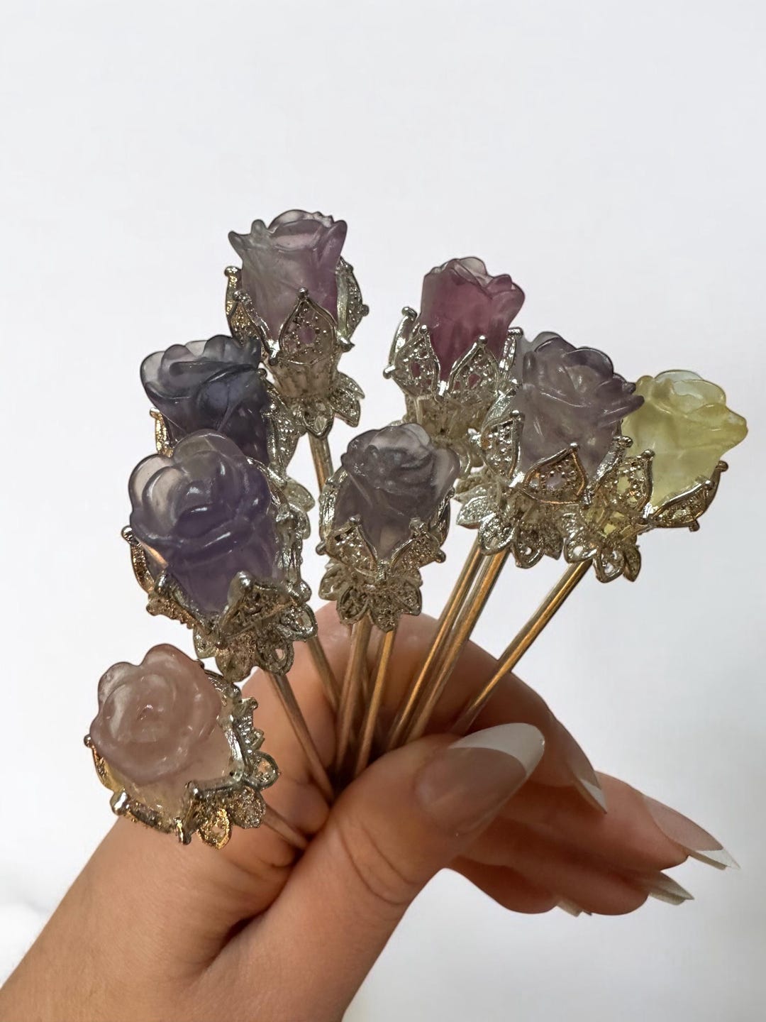 Fluorite Rose Hair Pin – Crystal Hair Stick & Plant Stake | Gifts for ...