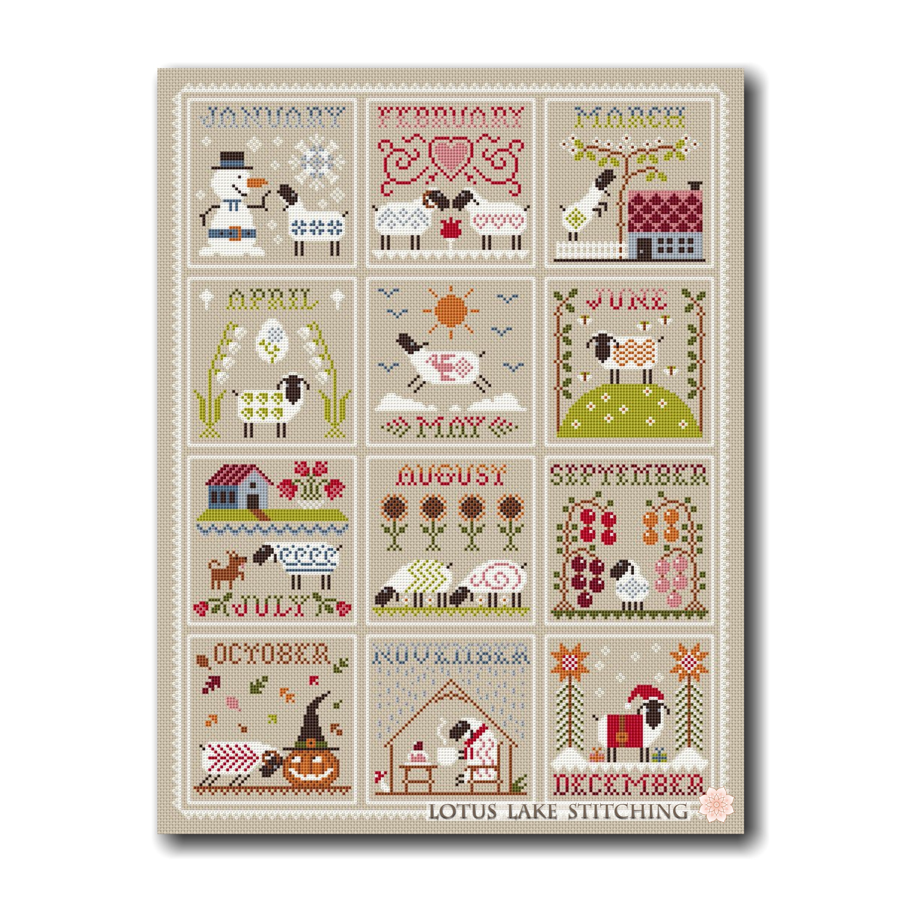 Sheep Seasons Cross Stitch Calendar: Months of the Year Primitive ...