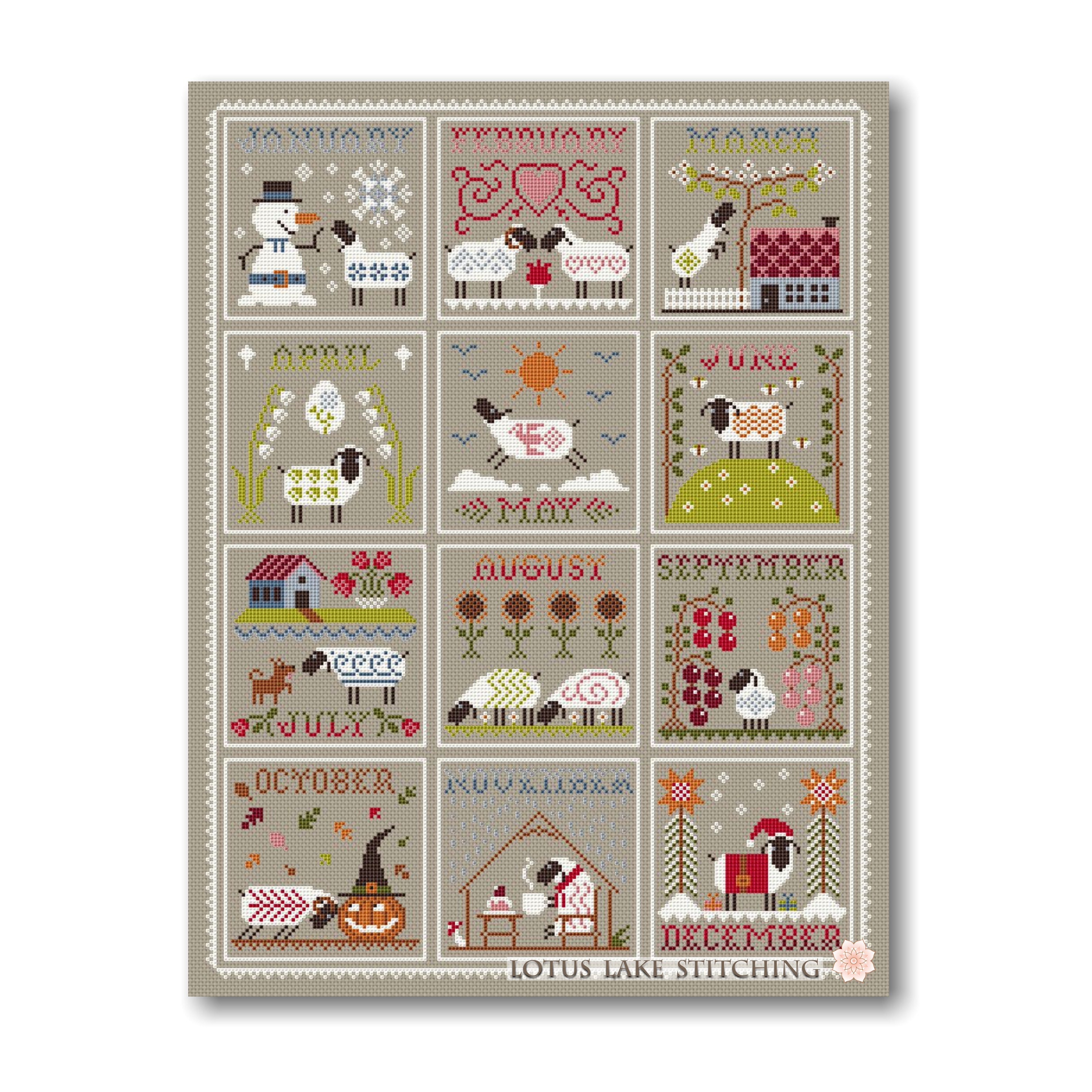 Cross Stitch Sheep Calendar, Sheep Seasons Sampler Pdf, Seasons ...