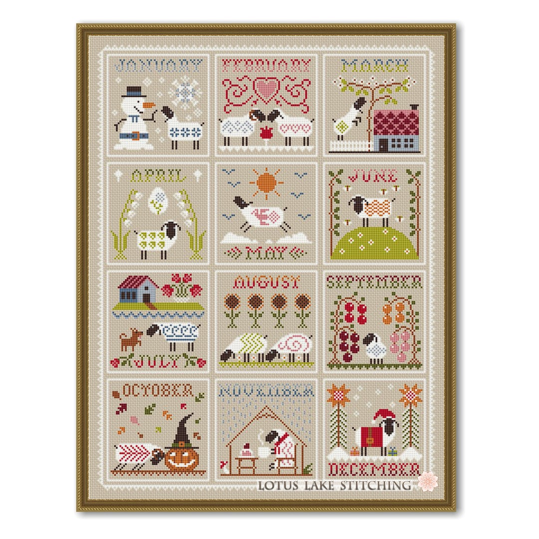 Cross Stitch Sheep Calendar, Sheep Seasons Sampler Pdf, Seasons ...