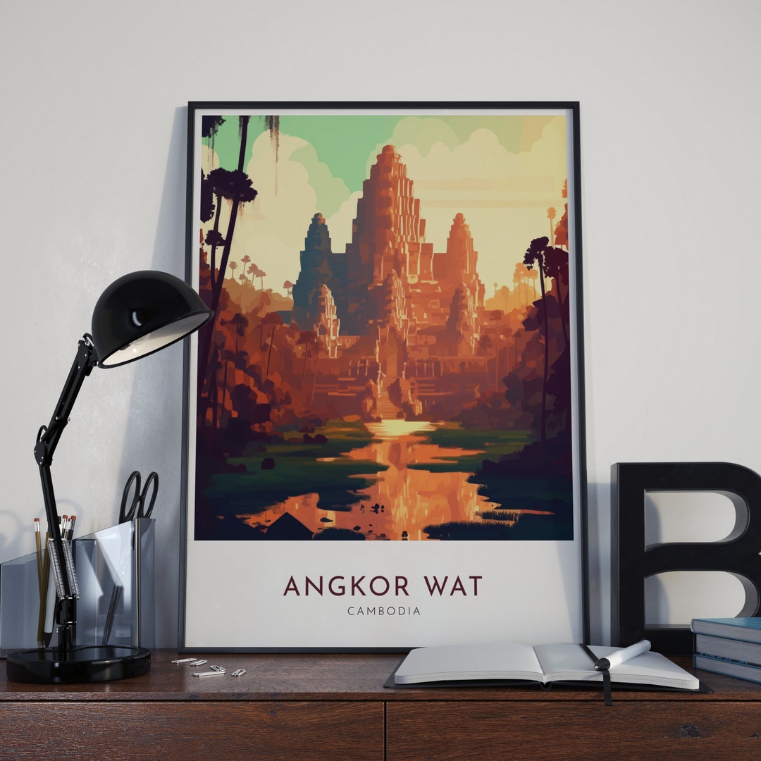 Angkor Wat Travel Print Wall Art, Cambodia, Temple Poster, Vector ...
