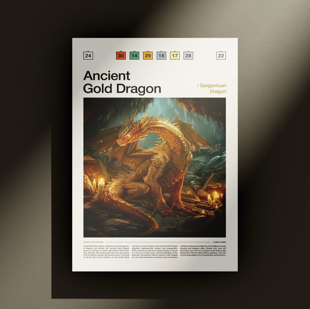 Dnd Gold Dragon Poster, D&D Dragon Print, Critical Role, Baldurs Gate 3 ...