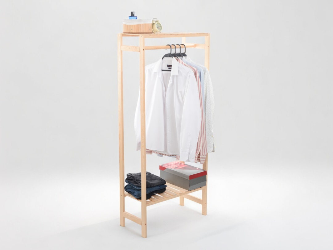 Wood Bedroom Valet Wooden Clothes Stand 2 Shelves Closet Shelves Hat ...