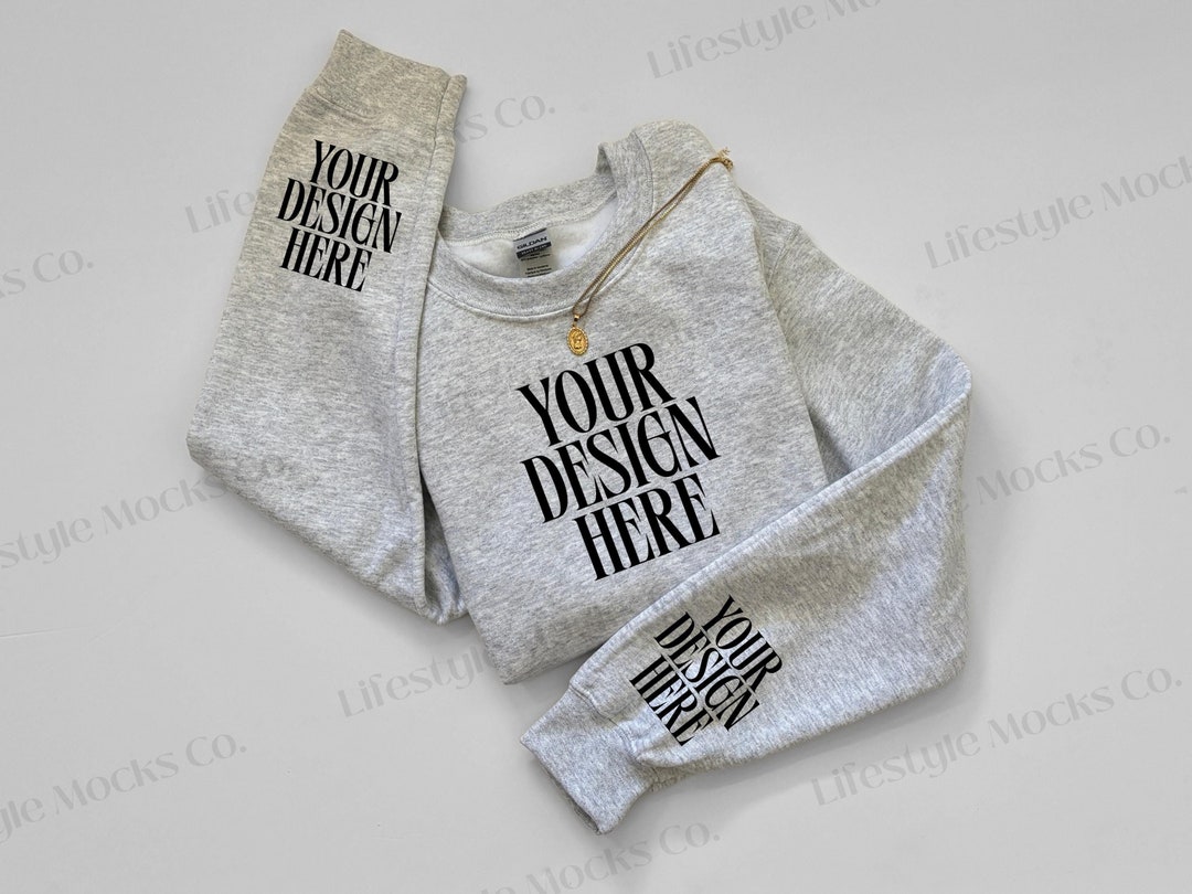 Gildan 18000 Ash Mockup, Grey G180 Unisex Crewneck Flat Lay Mockup ...