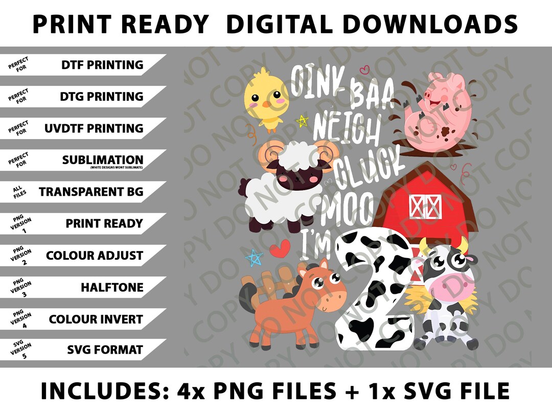 Oink Baa Neigh Cluck Moo I'm Two 2 Farmer 2nd Birthday Farm Png Bundle ...