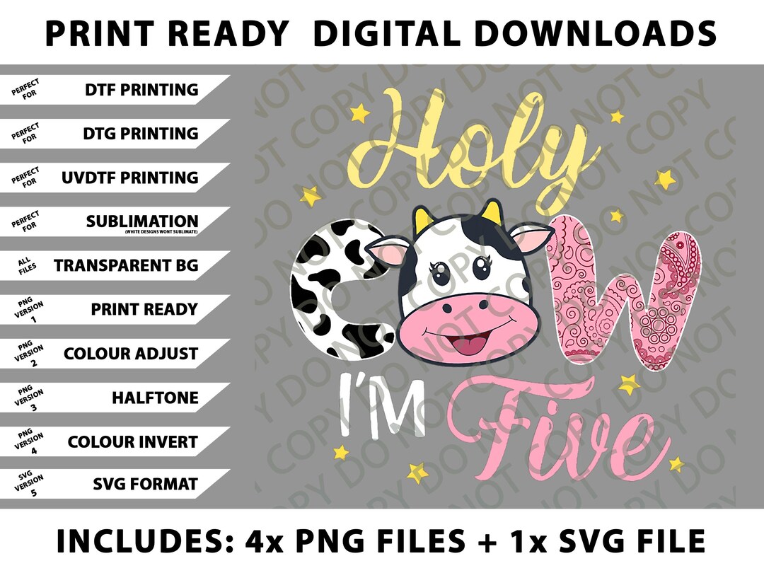 Holy Cow I'm Five Cow Farm Theme Birthday 5 Years Old Png Bundle, SVG ...