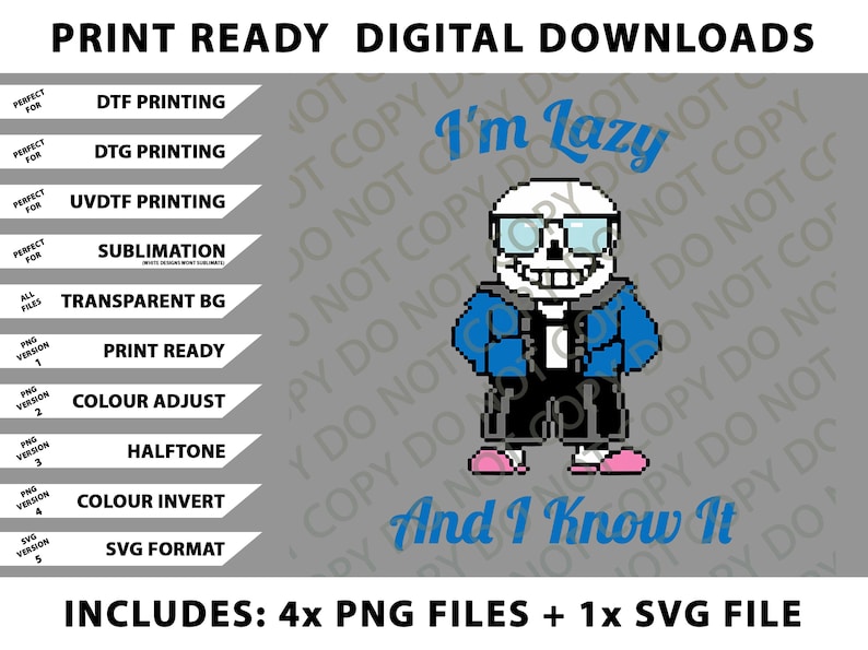Sans Skeleton Cool Pixel Art I'm Lazy and I Know It Png Bundle, SVG ...