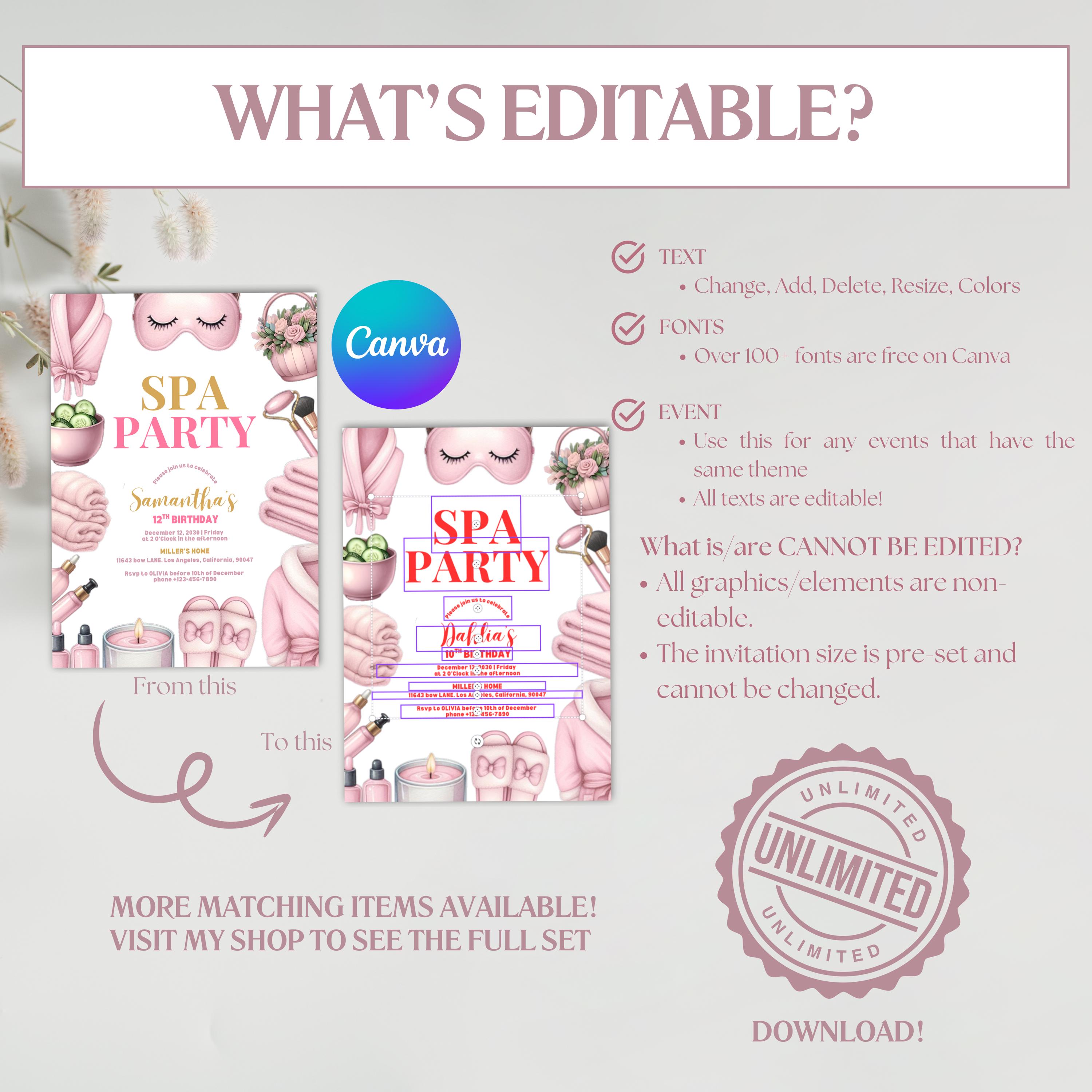 Editable Spa Birthday Party Invitation for Girls | Pink Pamper Party ...