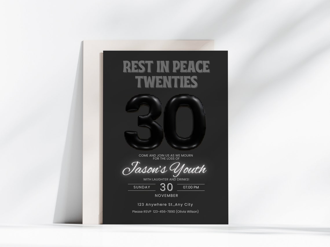 30th Birthday Invitation, 30th Invite, Rip 20s, Black Thirty Invite ...