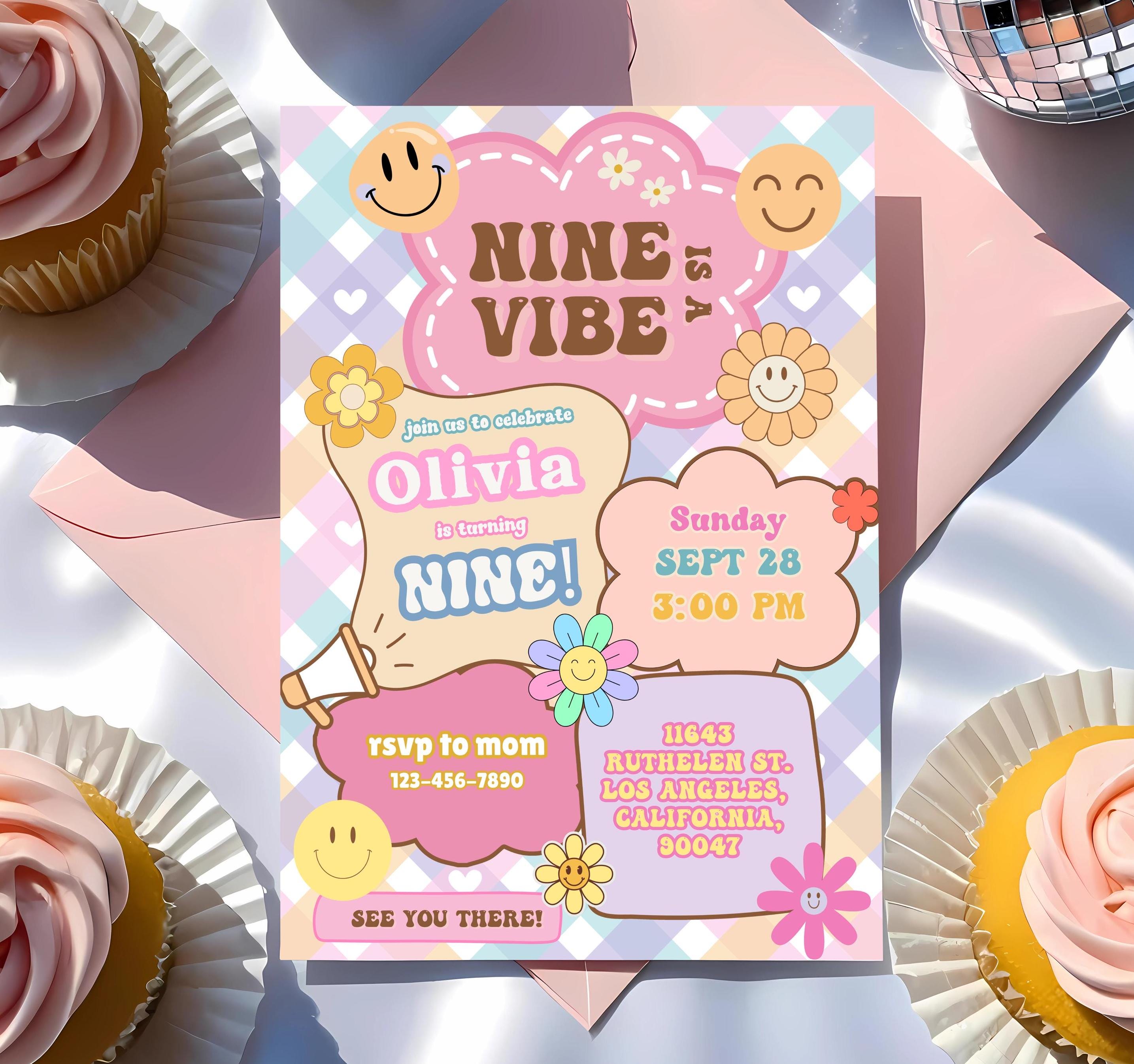 Retro Groovy 9th Birthday Invitation: Checkered Smile Face (editable ...