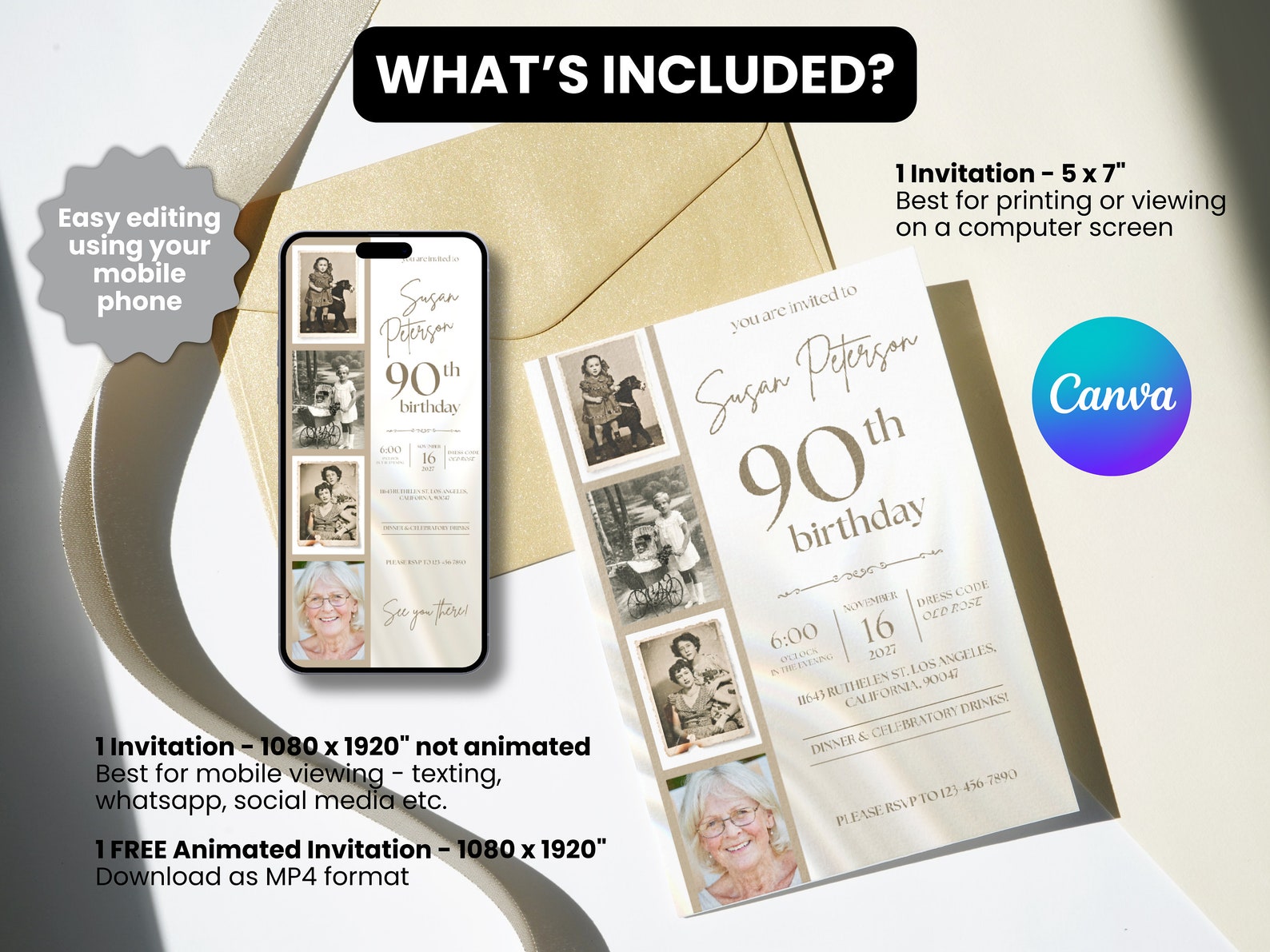 Editable 90th Birthday Invitation With Photos: Printable or Text Video ...